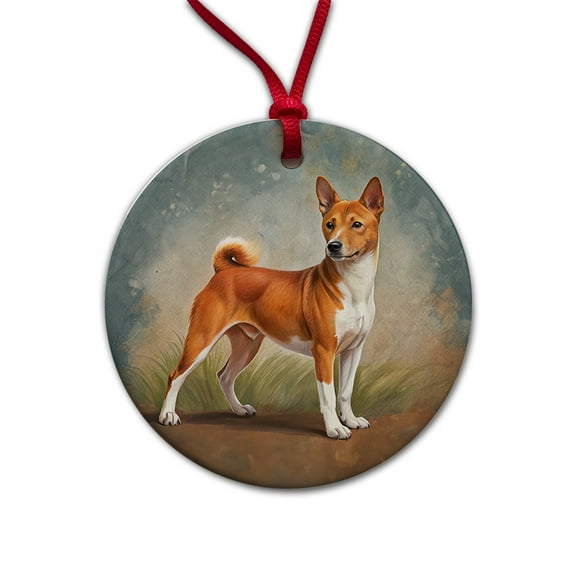 Basenji Dog Illustration Christmas Tree Holiday Round Ceramic Ornament ...