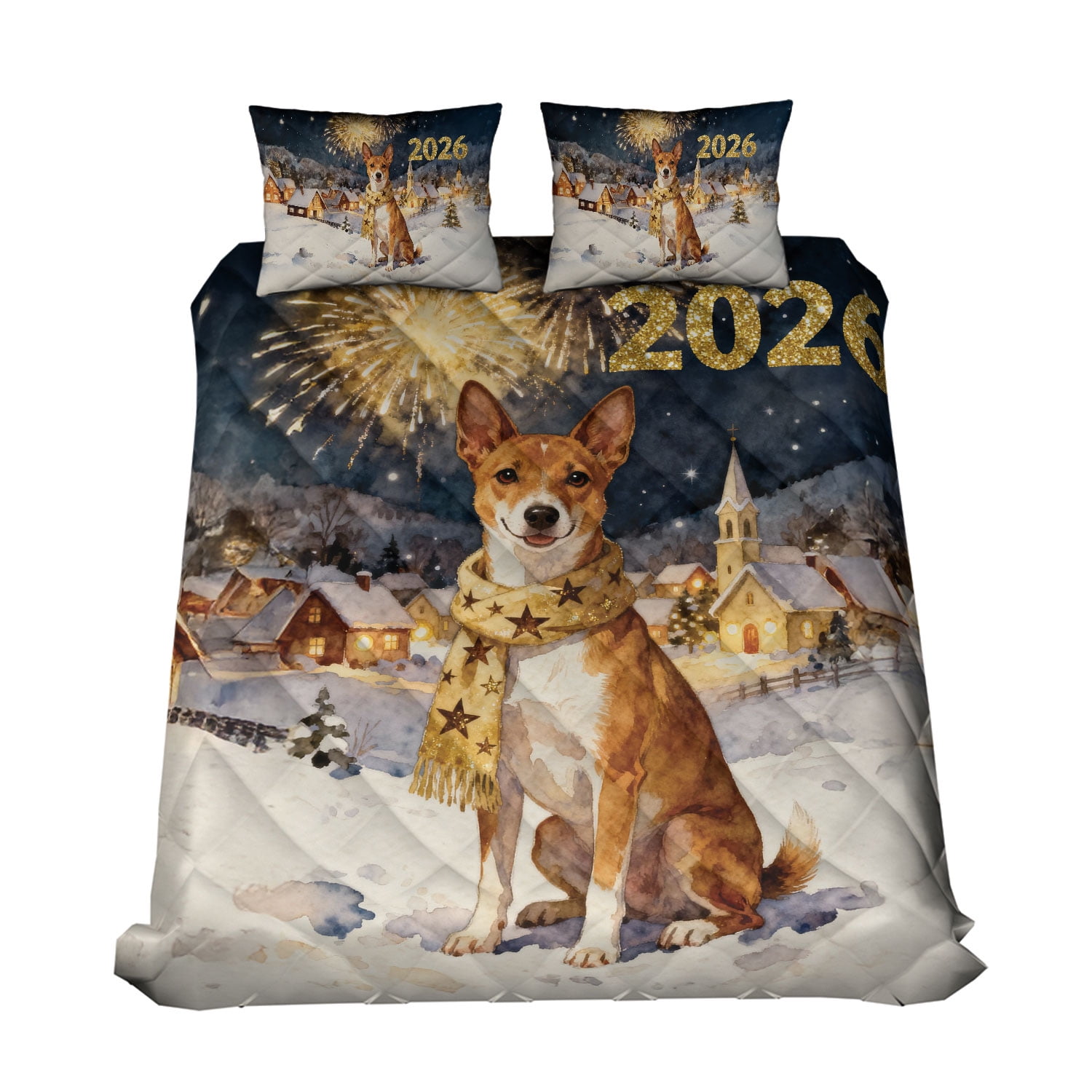 Basenji Happy New Year 2026 with Fireworks on New Year's Eve Quilt ...