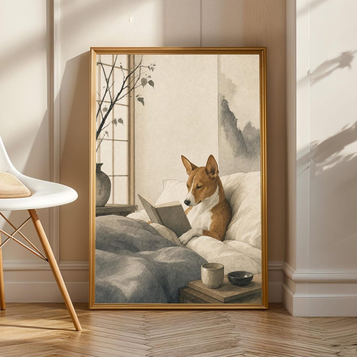 Basenji Reading In Bed Wall Art Print, Unframed Paper Poster 11x14in ...