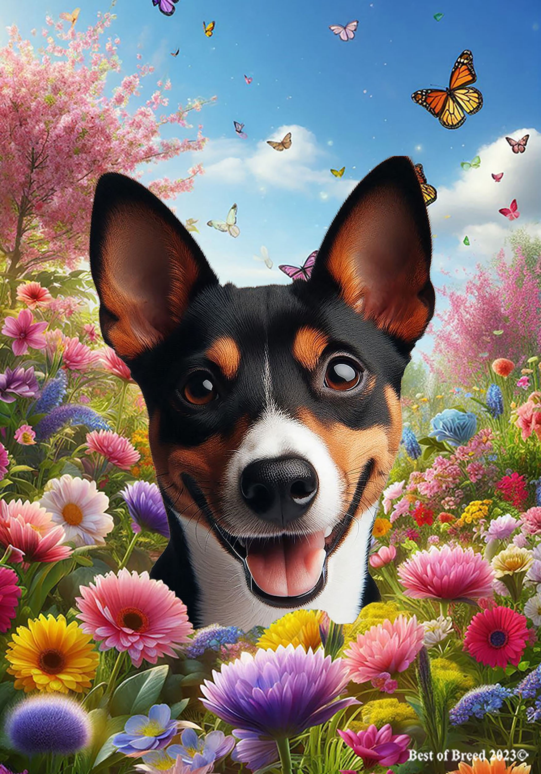 Basenji Tri - Best of Breed Spring Butterfly Outdoor House Flag 28" x ...