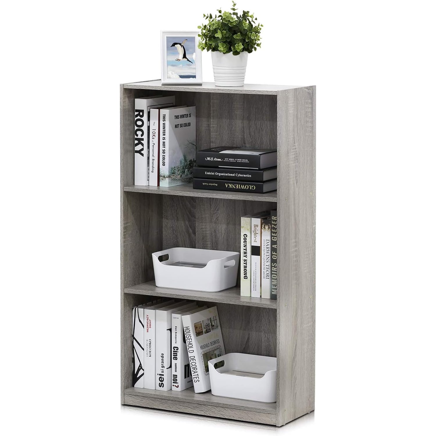 Basic 3-Tier Bookcase Storage Shelves, French Oak Grey - Walmart.com