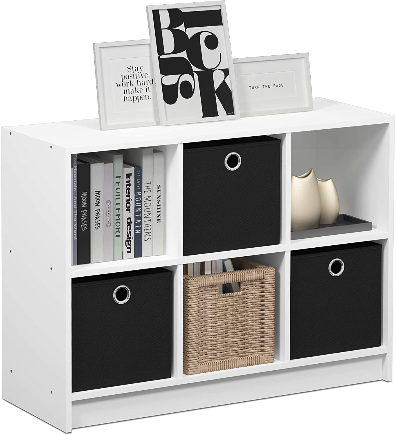 Basic 3x2 Cube Storage Bookcase Organizer with Bins, White/Black ...