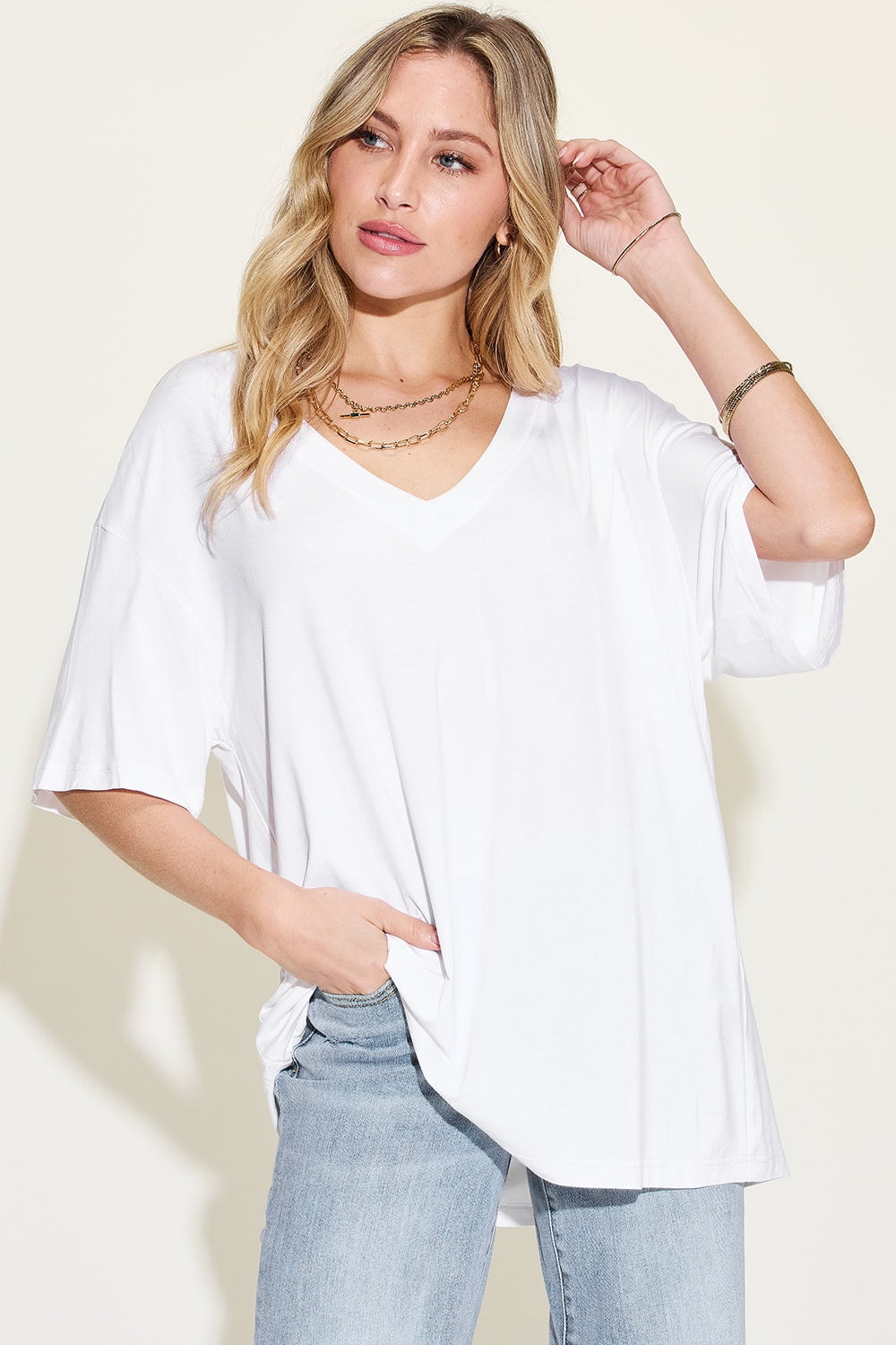 Basic Bae Full Size Bamboo V-Neck Drop Shoulder T-Shirt - Walmart.com