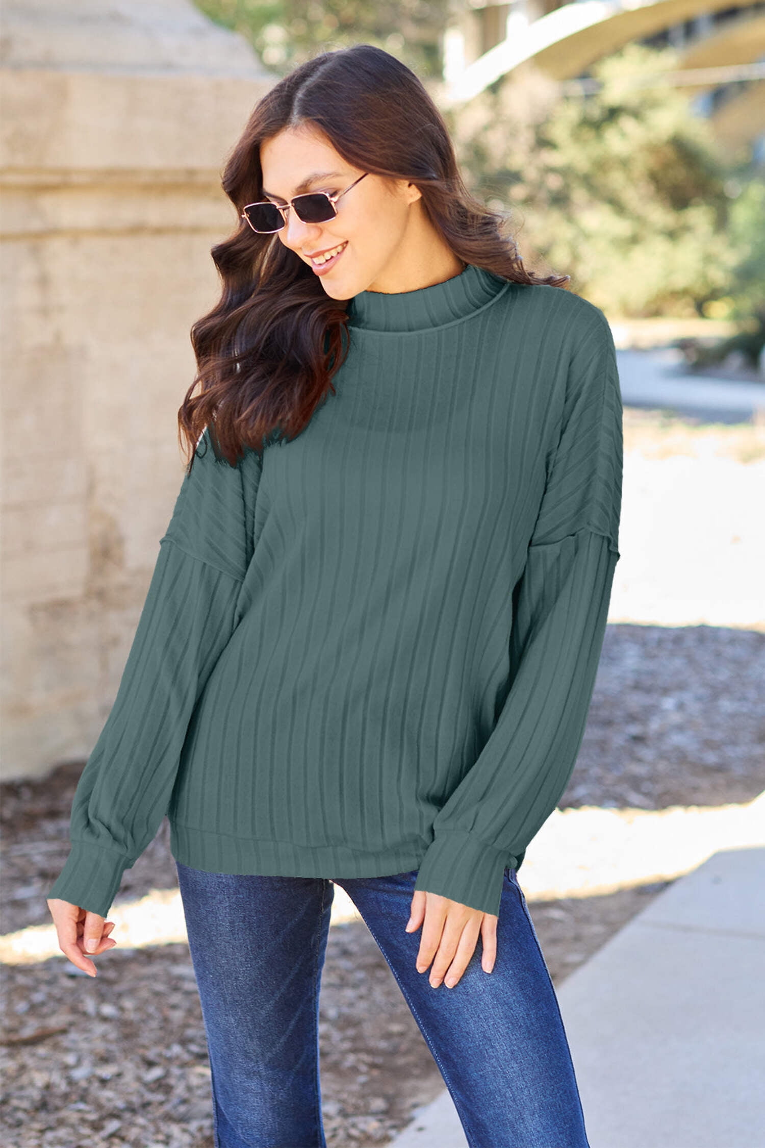 Basic Bae Full Size Ribbed Exposed Seam Mock Neck Knit Top - Walmart.com