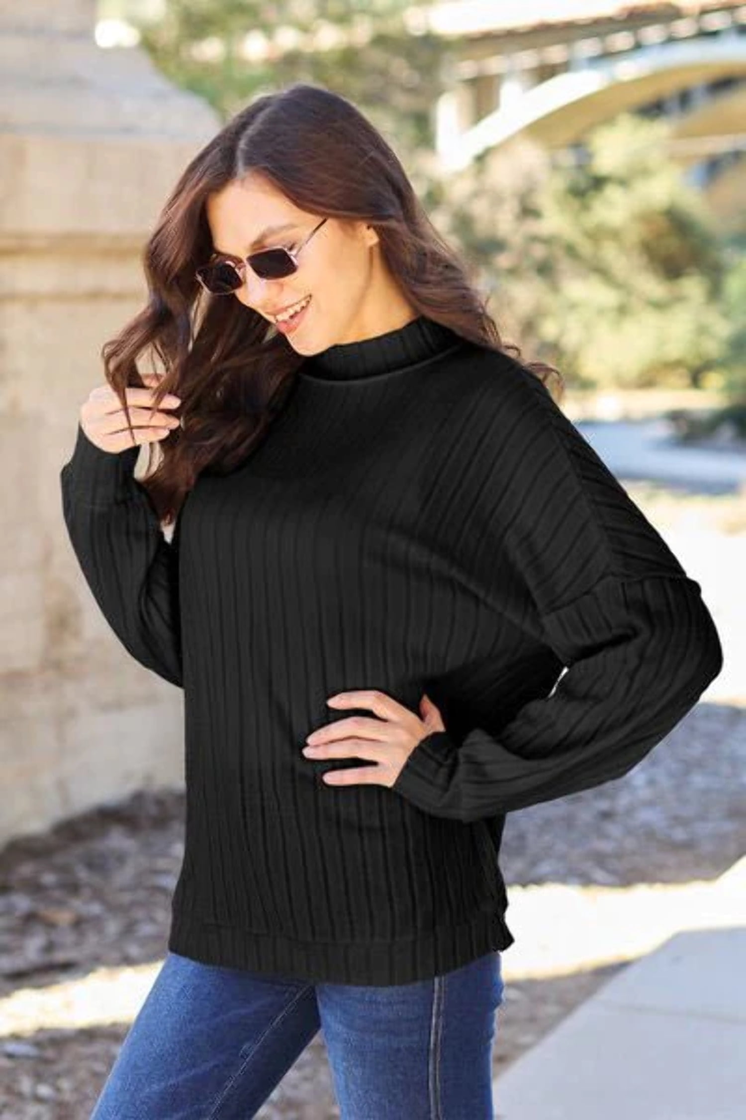 Basic Bae Full Size Ribbed Exposed Seam Mock Neck Knit Top - Walmart.com