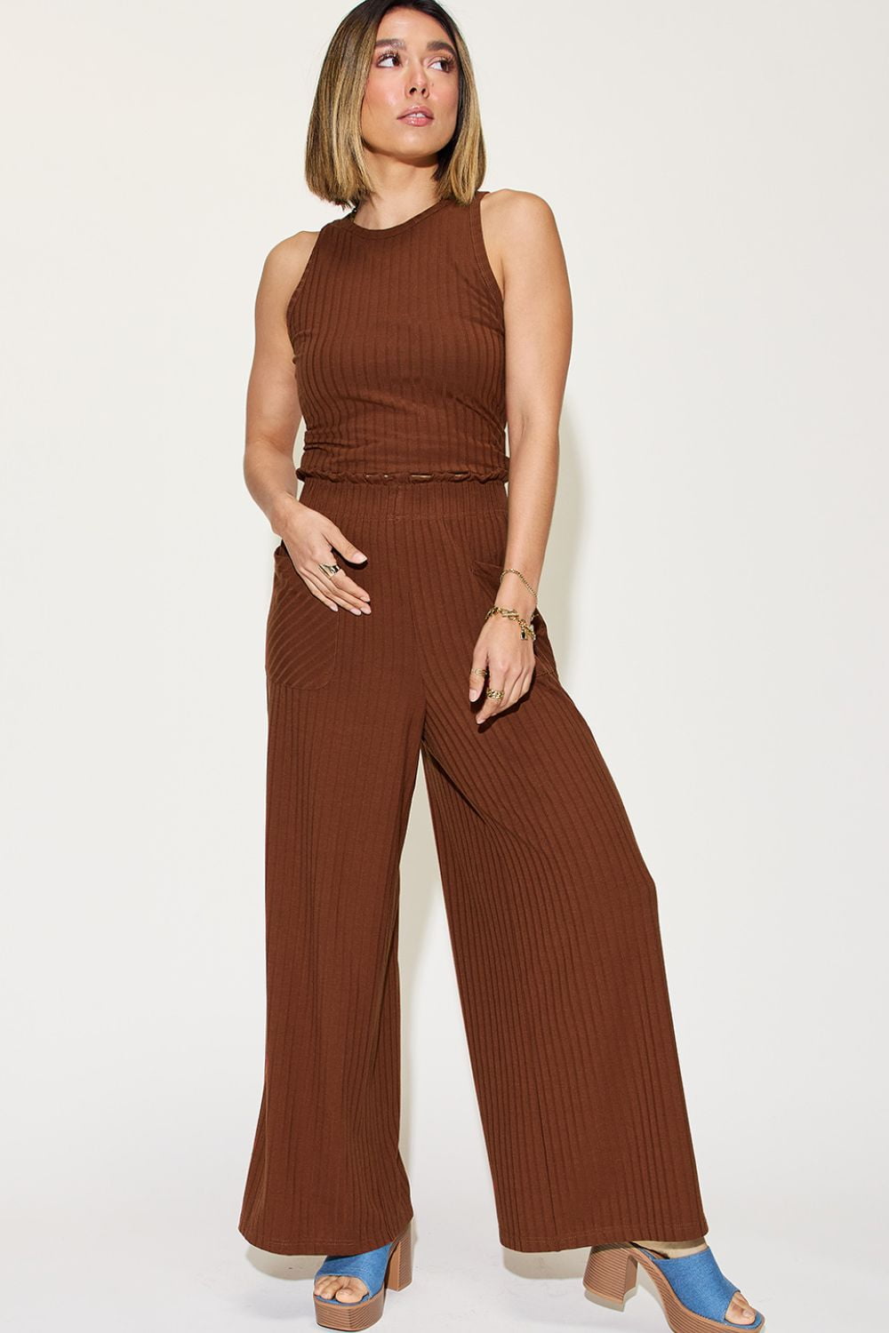 Basic Bae Full Size Ribbed Tank and Wide Leg Pants Set - Walmart.com