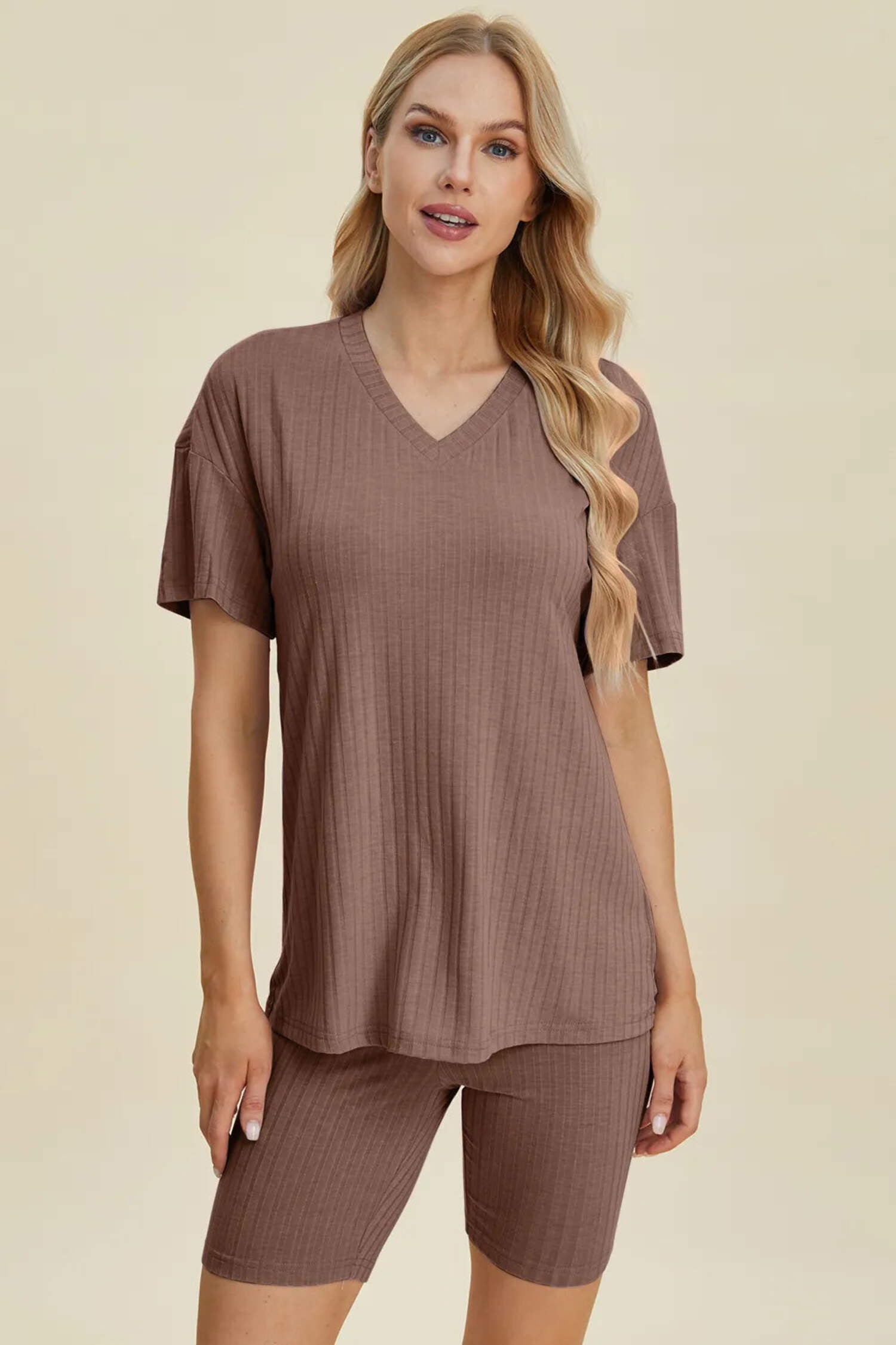 Basic Bae Full Size Ribbed V-Neck Short Sleeve Top and Shorts Set ...