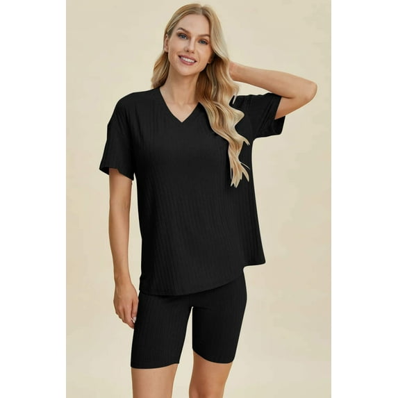 Basic Bae Full Size Ribbed V-Neck Short Sleeve Top and Shorts Set - Walmart.com