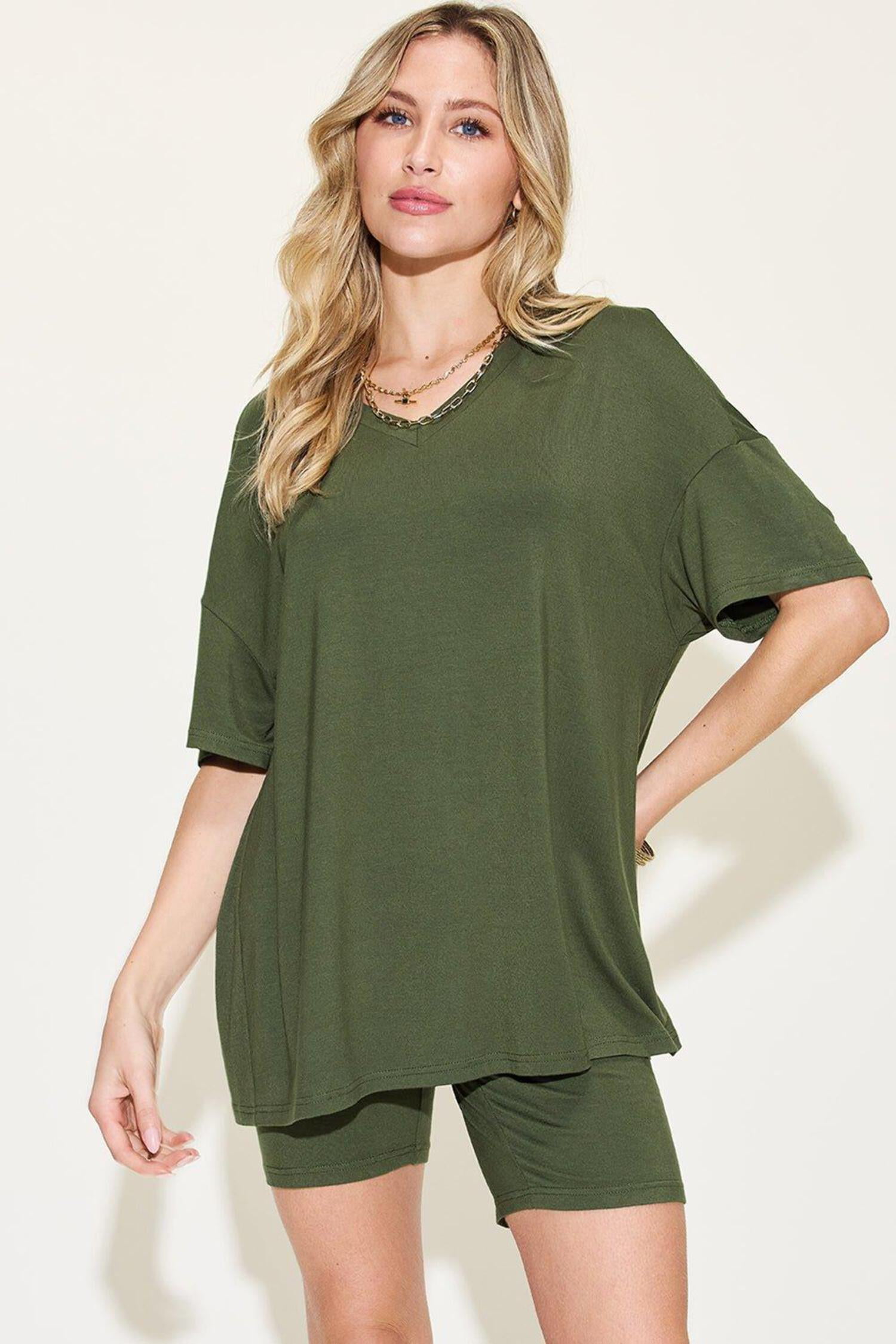 Basic Bae Full Size V-Neck Drop Shoulder T-Shirt and Shorts Set - Walmart.com