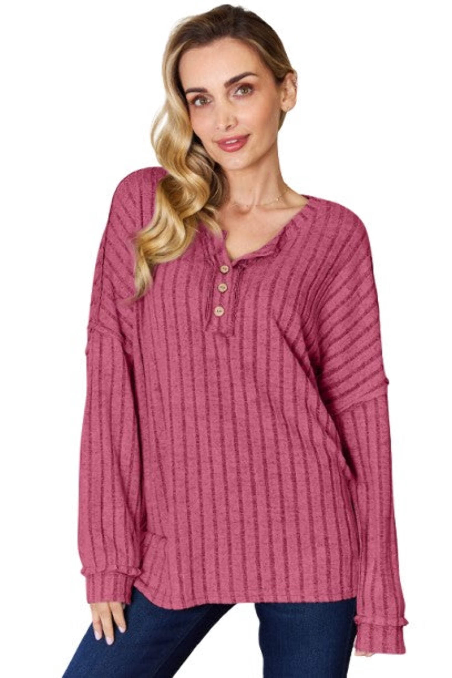 Basic Bae Ribbed Half Button T-Shirt Women’s Long Sleeve Stylish ...