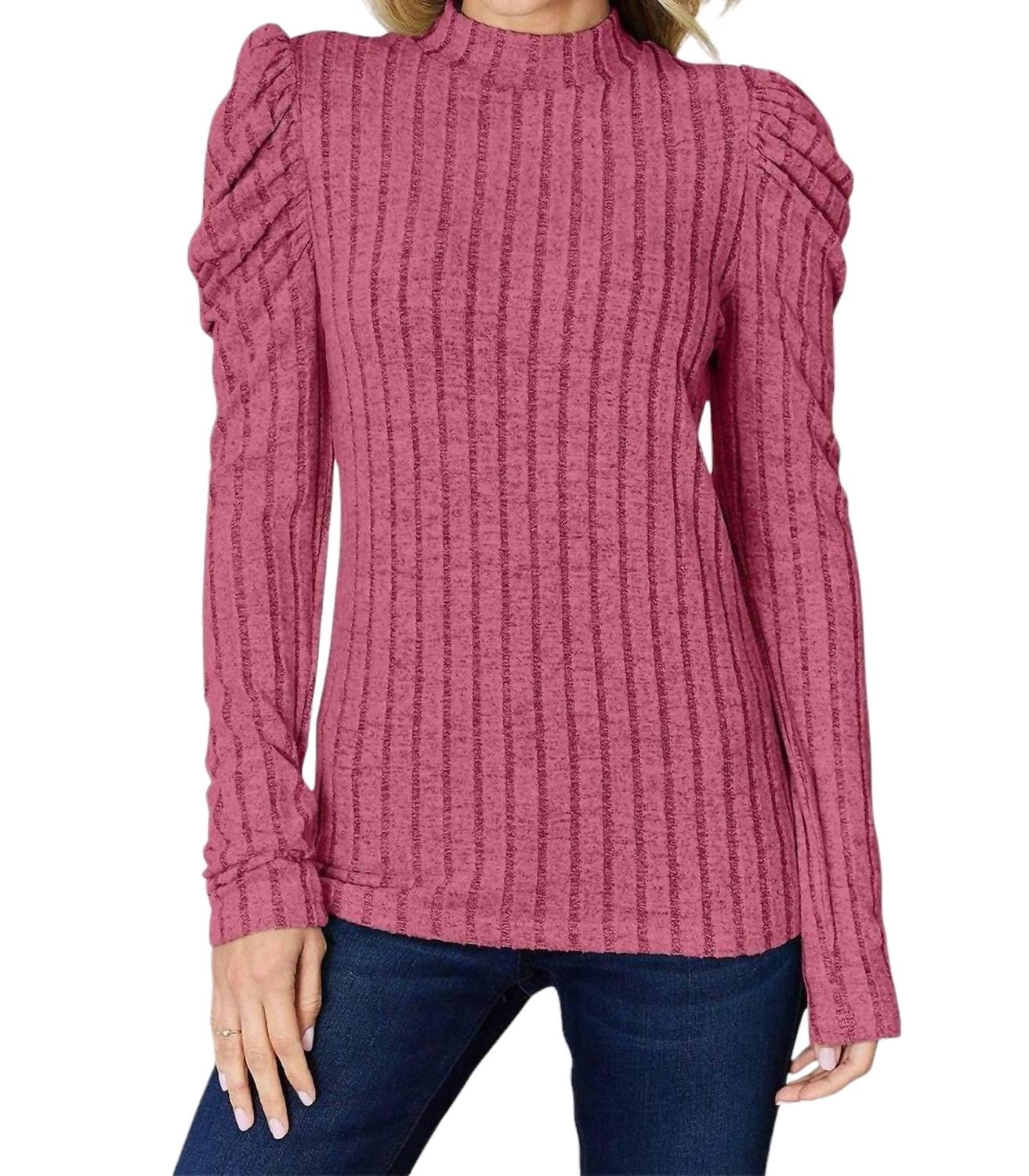 Basic Bae Ribbed Mock Neck Top With Puff Sleeves - Walmart.com