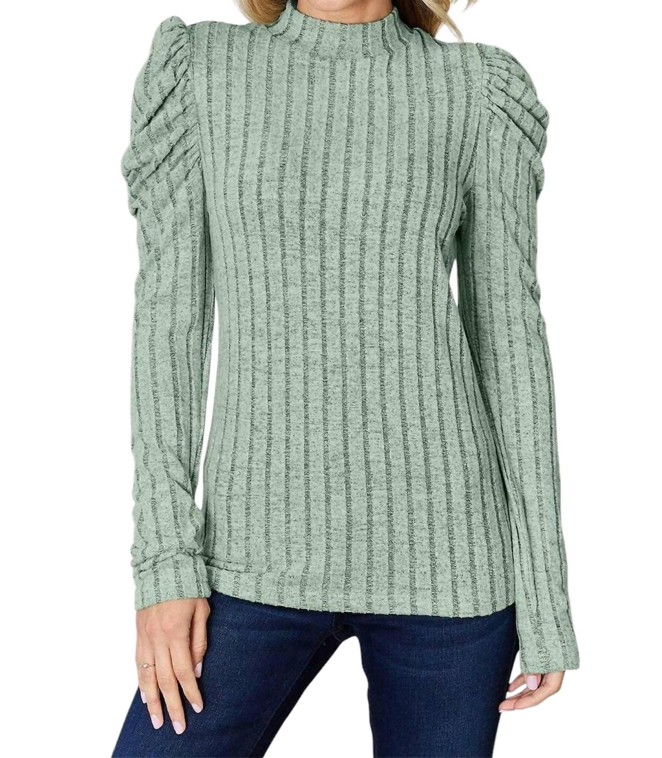 Basic Bae Ribbed Mock Neck Top With Puff Sleeves - Walmart.com