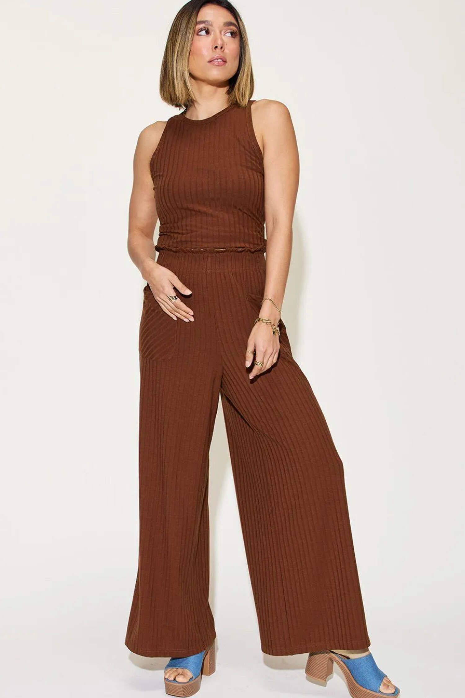 Basic Bae Ribbed Tank and Wide Leg Pants Set - Walmart.com