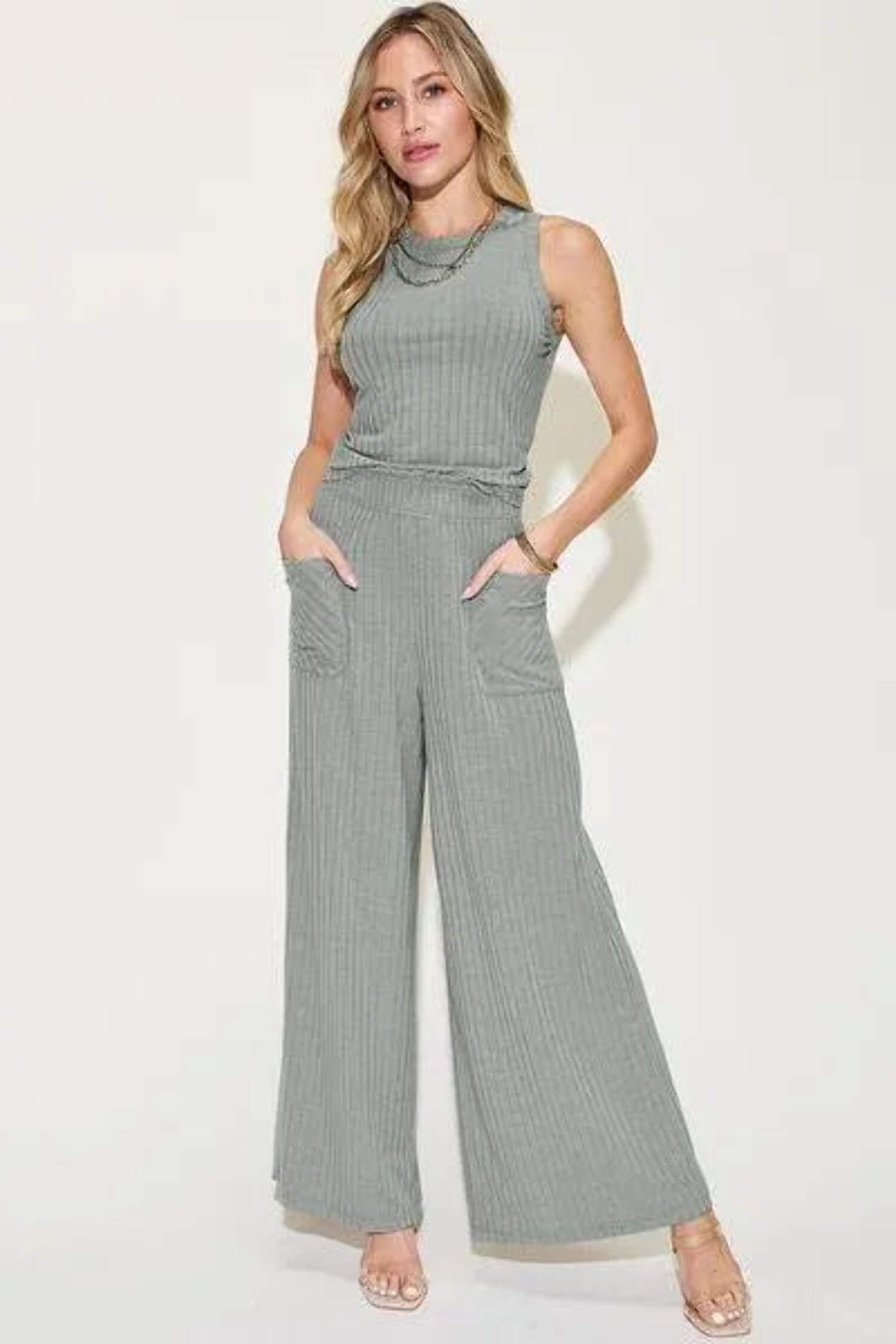 Basic Bae Ribbed Tank and Wide Leg Pants Set - Walmart.com