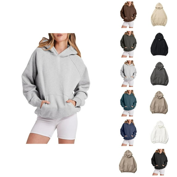 Basic Hoodies for Women 2025 Long Sleeve Drop Shoulder Plain Hooded Sweatshirt with Pockets ...