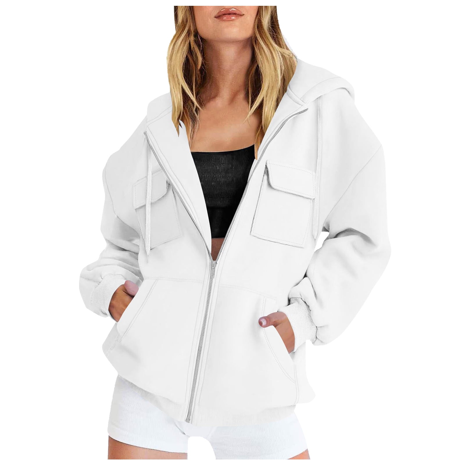 Basic Hoodies for Women Full Zip Up Drawstring Sweatshirts Long Sleeve ...