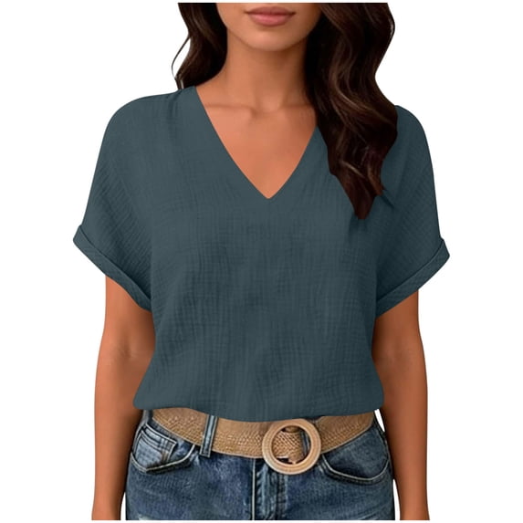 Basic Linen Shirts for Women Versatile Solid Loose V Neck Summer ...