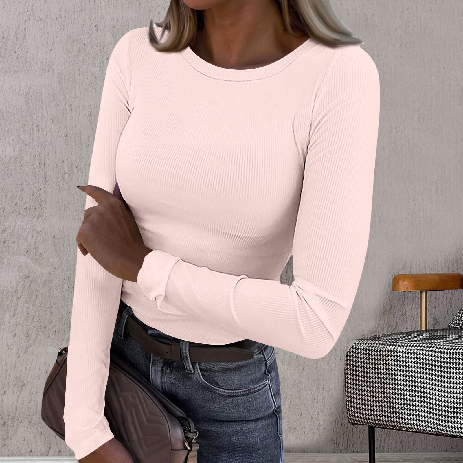 Basic Long Sleeve Shirts For Women Fashion Solid Lace Crew Neck T ...