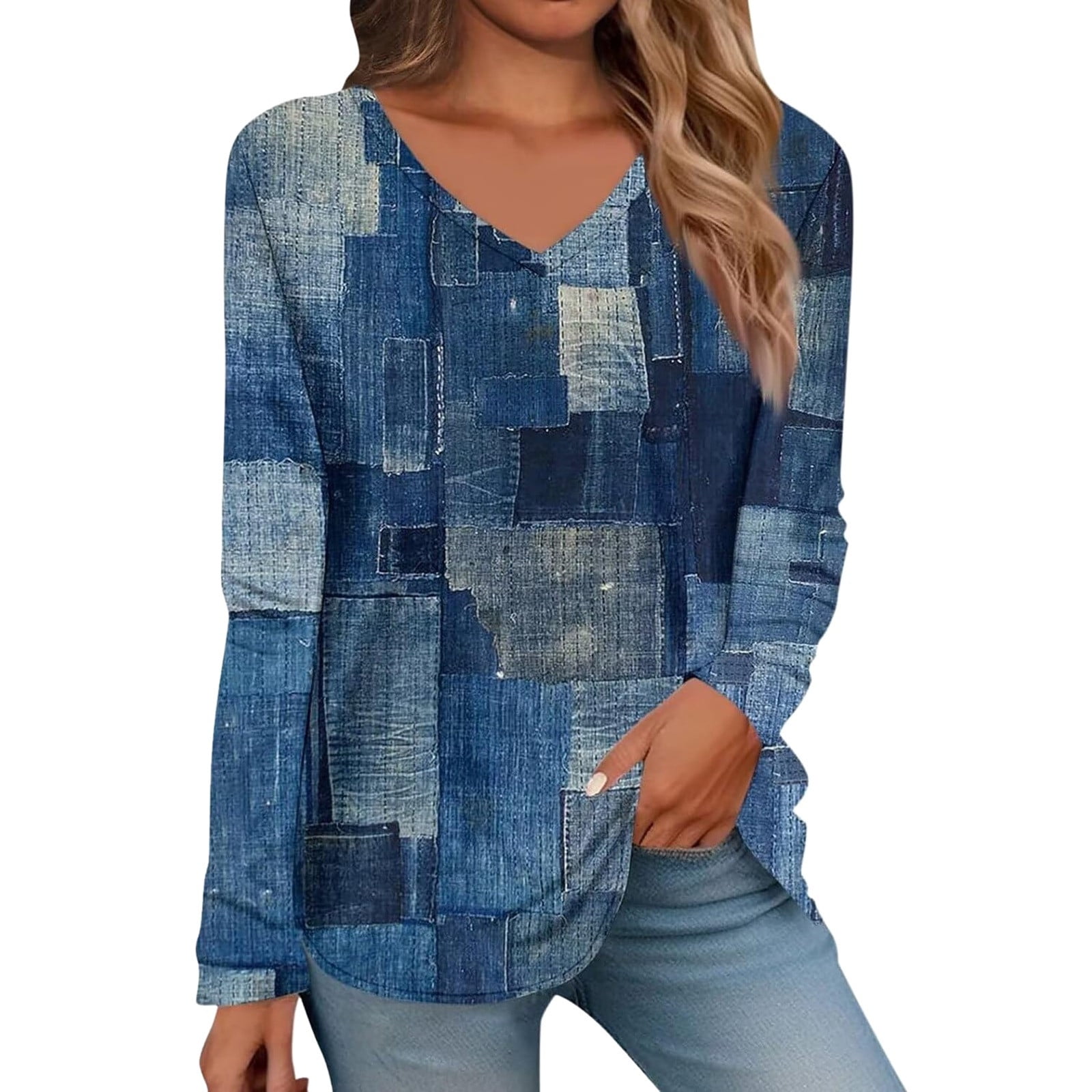 Basic Long Sleeve Shirts For Women V Neck Color Block Loose Classic ...