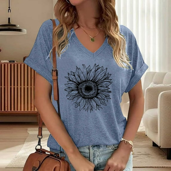 Basic Long Sleeve Shirts For Women V Neck Graphics Print Loose Fashion ...