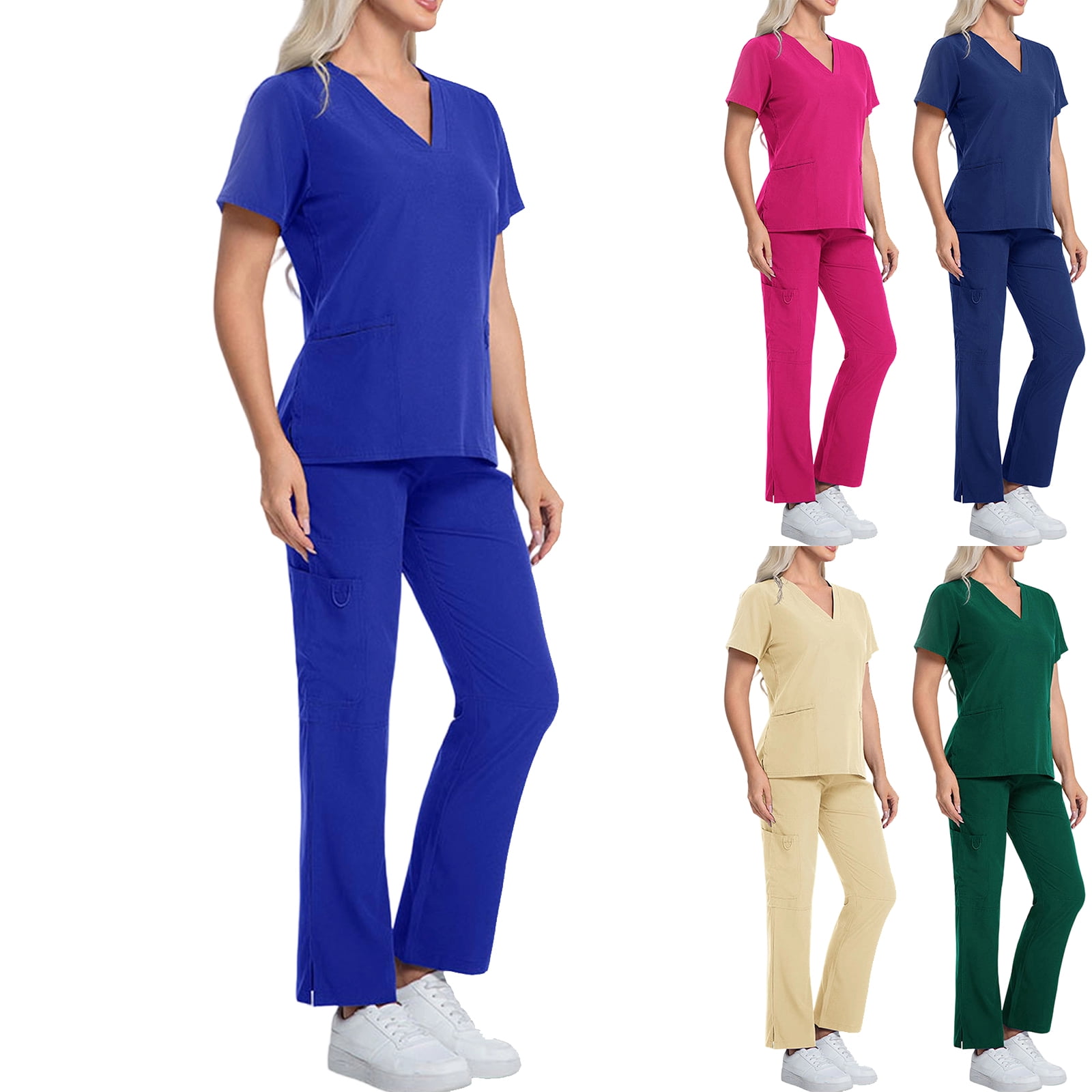 Basic Nurse Scrubs Set, Solid Color Short Sleeve Top & Drawstring Pants ...