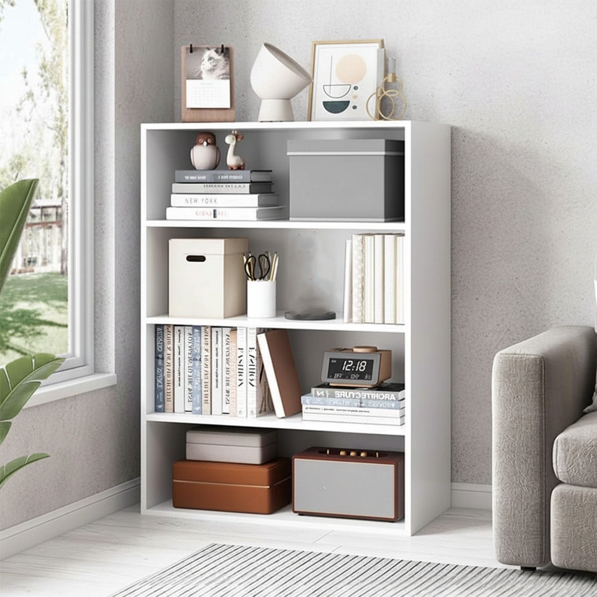 Basic Open Shelf Bookcase - 4-Tier Wooden Cube Storage Shelves Split ...