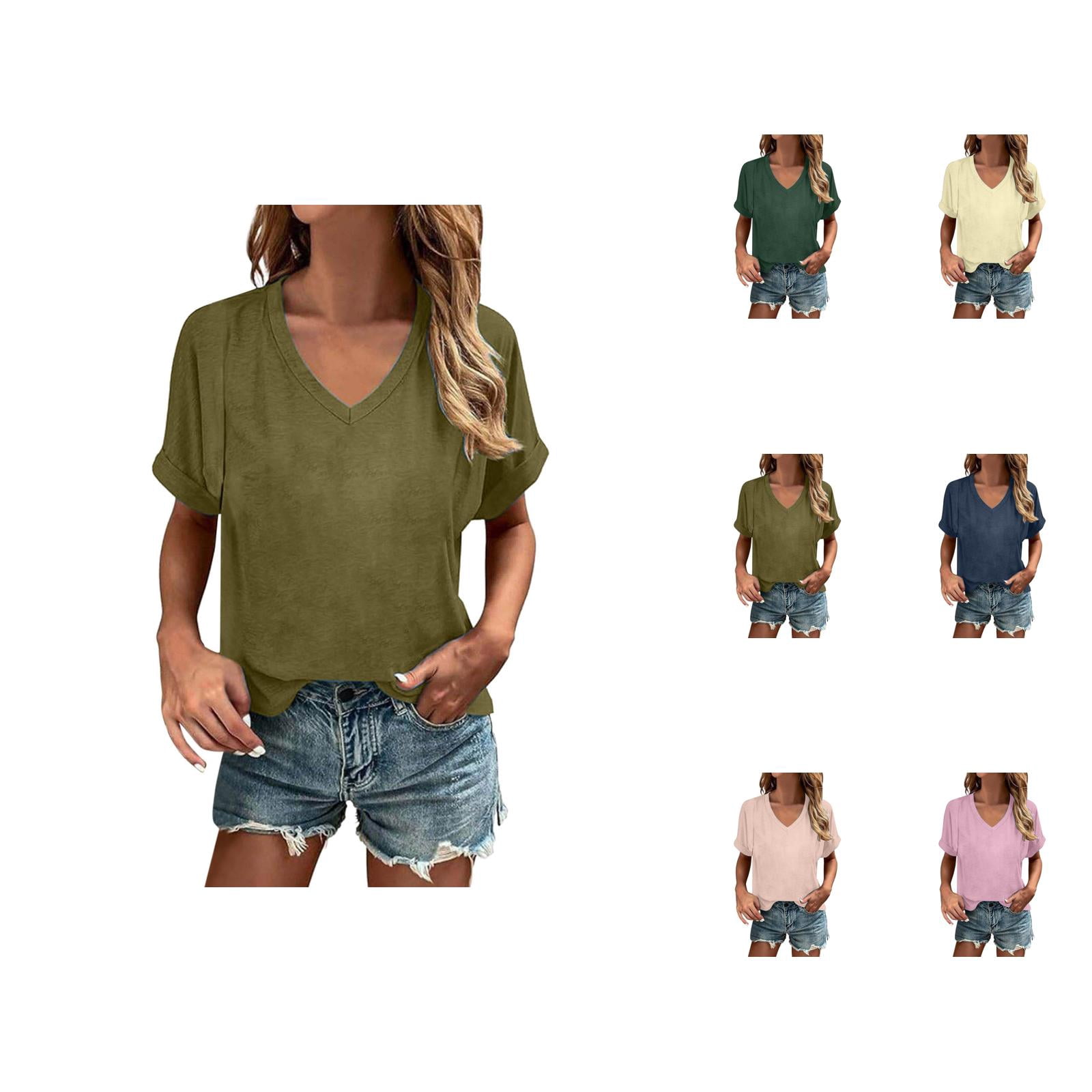 Basic Plain T Shirts for Women 2026 Summer Short Sleeve V Neck Relaxed ...