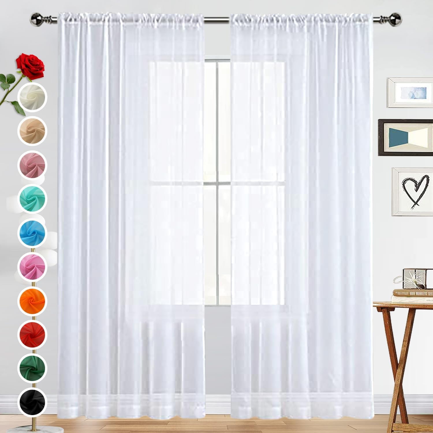 Basic Rod Pocket Sheer Voile Window Curtain Panels White 1 Pair 2 ...