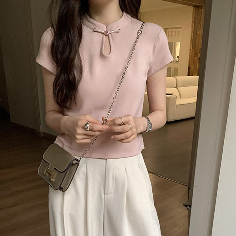 Basic Simple Women Chinese Style Button-Down T-Shirt Fashion Stand-Up ...