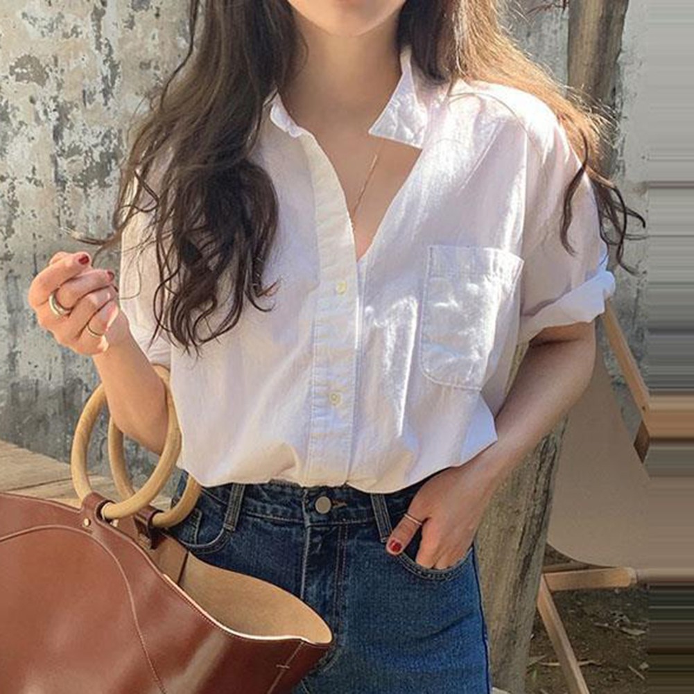 Basic Simple Women White Short Sleeve Shirt Fshion Loose Casual Top ...
