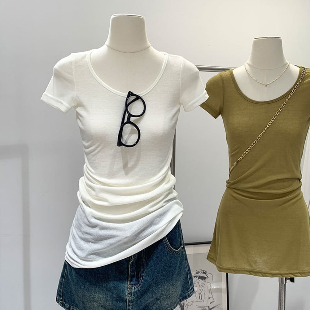 Basic Simple Womens For Midi Waist Short Sleeves T-Shirt Fashion Tops ...