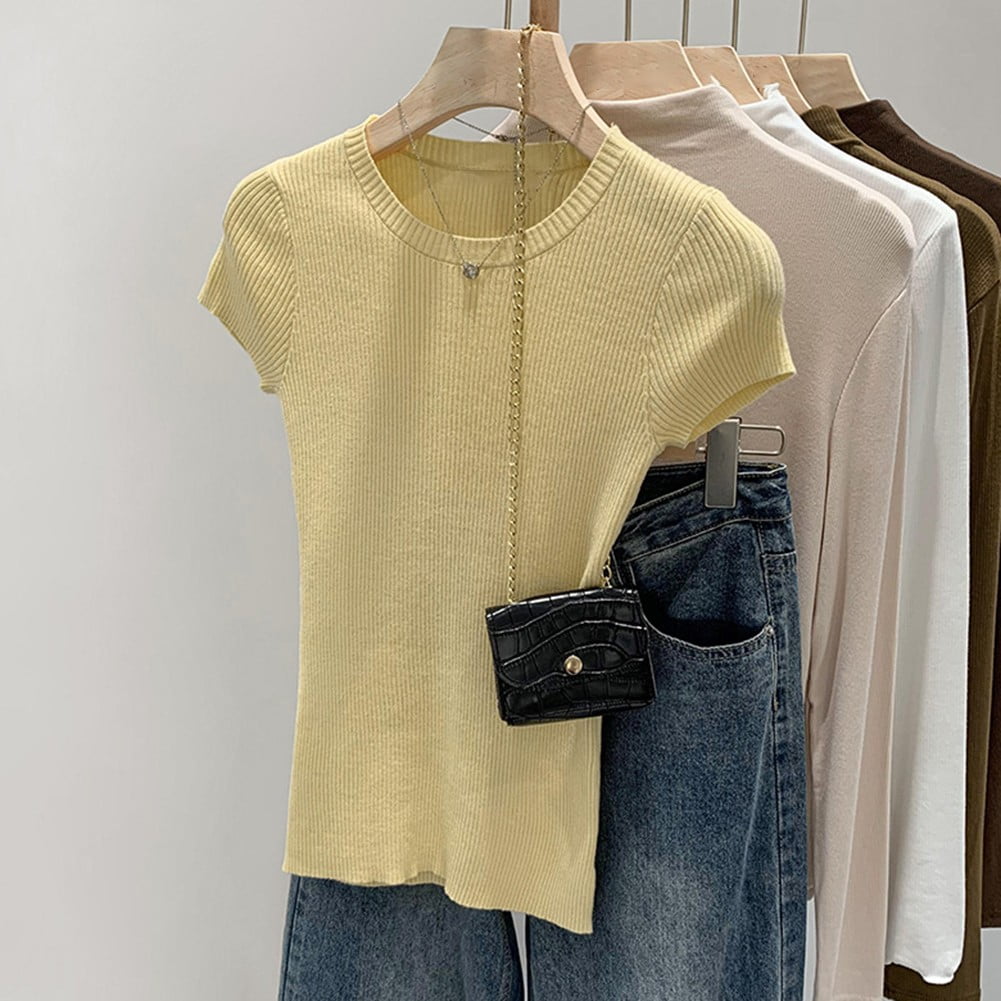 Basic Simple Womens Knitted Short-Sleeved T-Shirt Versatile Slim ...