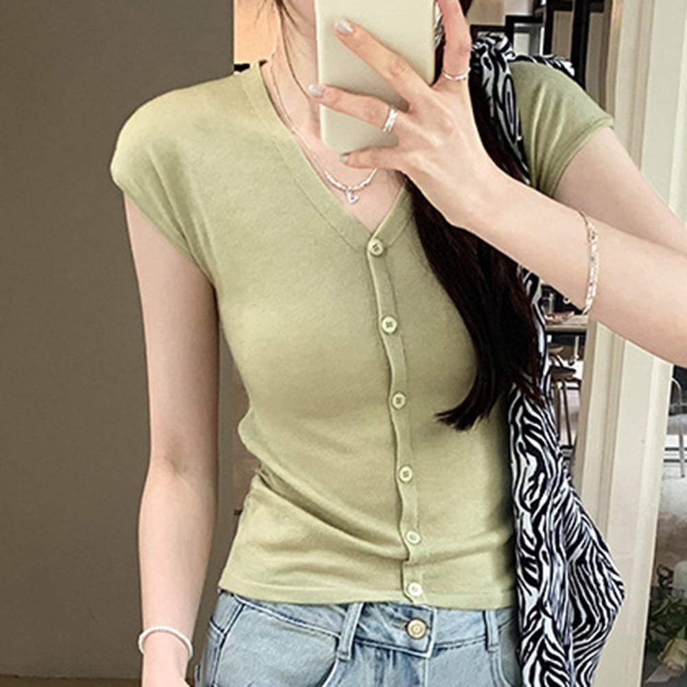 Basic Simple Womens Sleeveless V-Neck Knit Vest Button-Up Cardigan Top ...