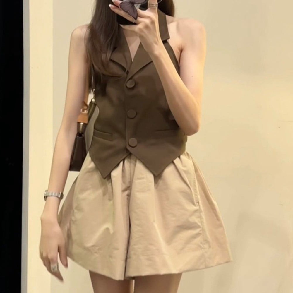 Basic Simple Womens Vest Fashion High Waist Pleated Skirt Suit - Khaki ...