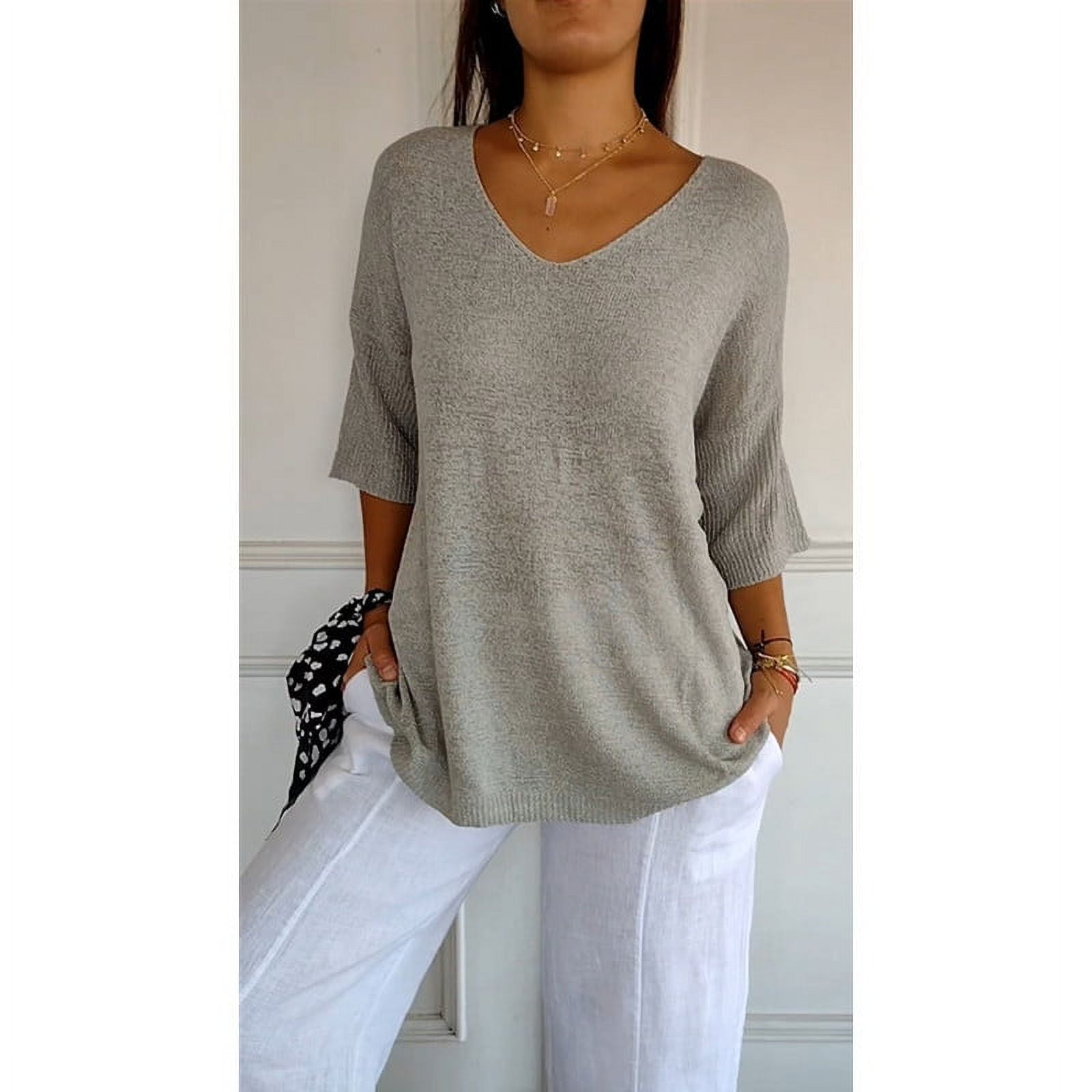 Basic Slim Fit V-Neck Knitted Sweater For Women With Three-Quarter ...