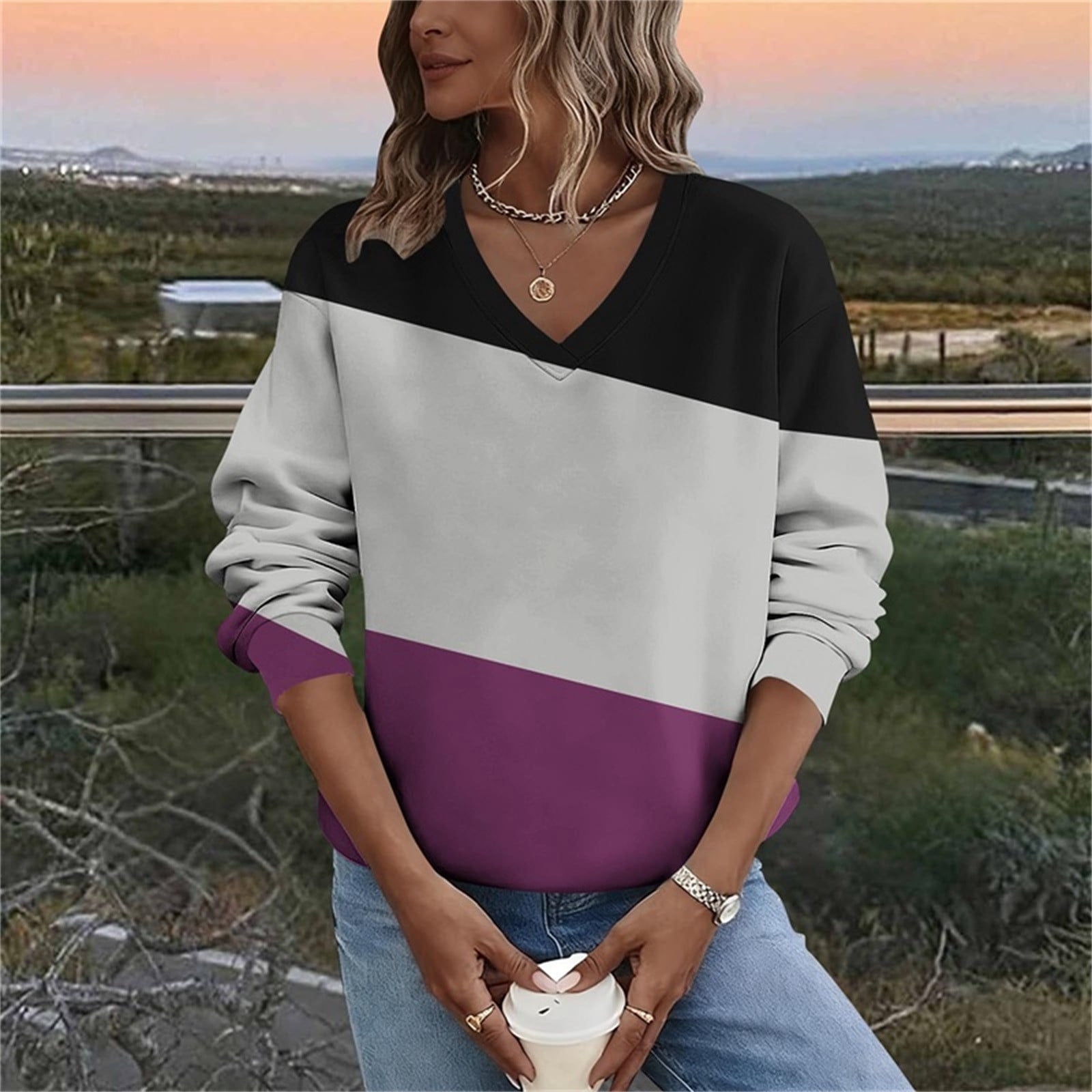 Basic T Shirts for Women Oversized Tops V-Neck 3/4 Sleeve Casual Loose ...