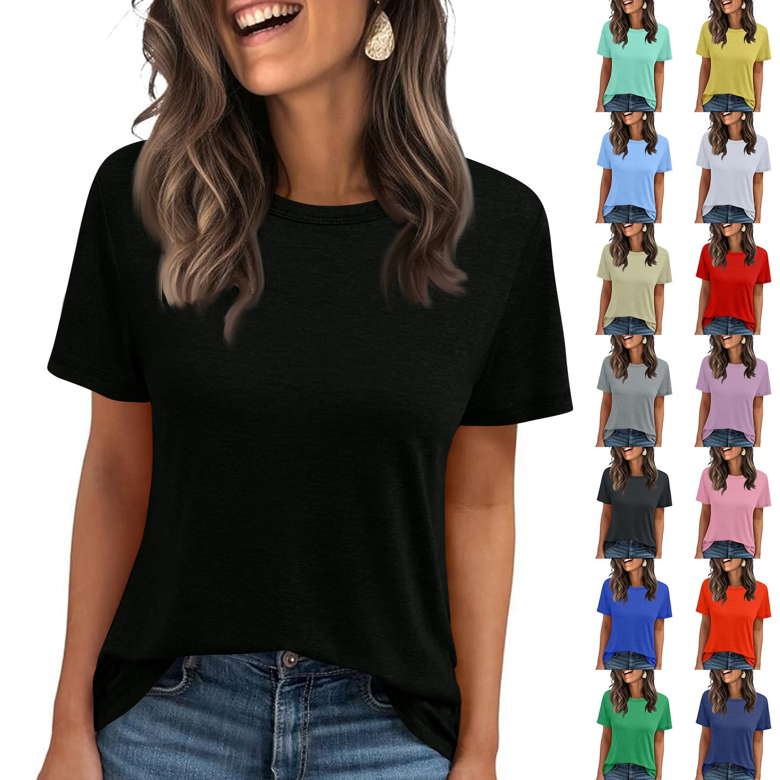 Basic T Shirts for Women Crew Neck Short Sleeve Summer Shirts Solid ...