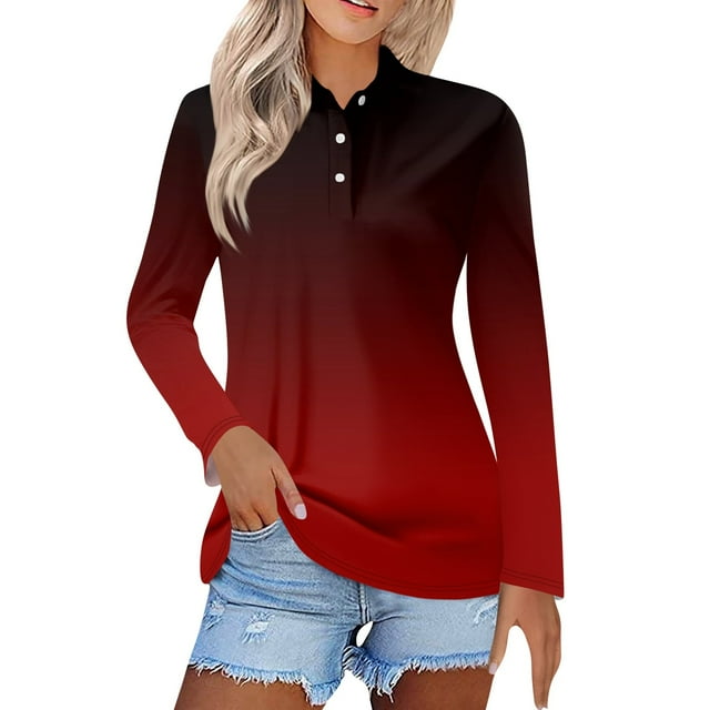 Basic T Shirts for Women Women's Fashion Casual Lapel Long Sleeve Print ...