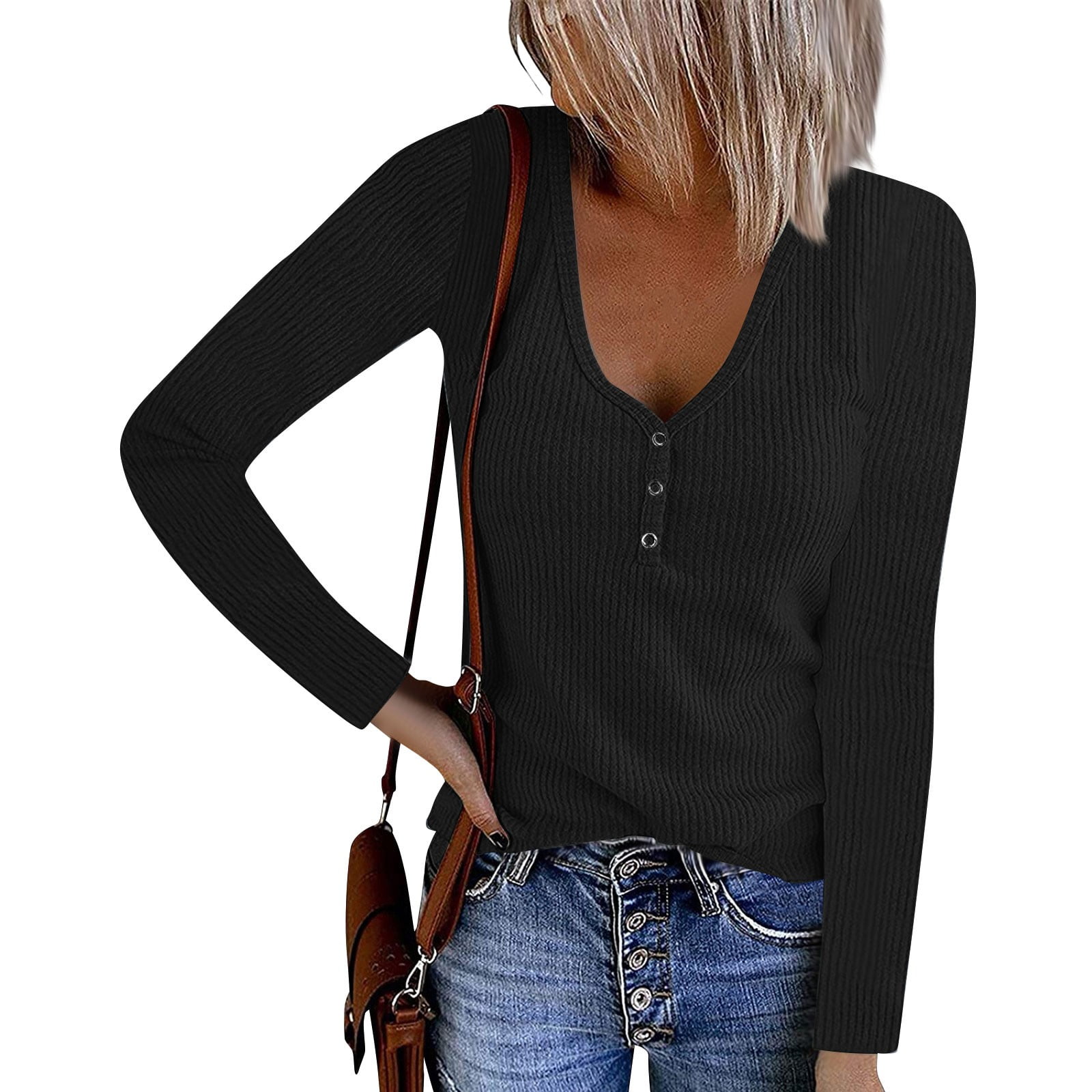 Basic T Shirts for Women Women's Fashion Casual V-Neck T-Shirt Button Solid Color Long Sleeve ...