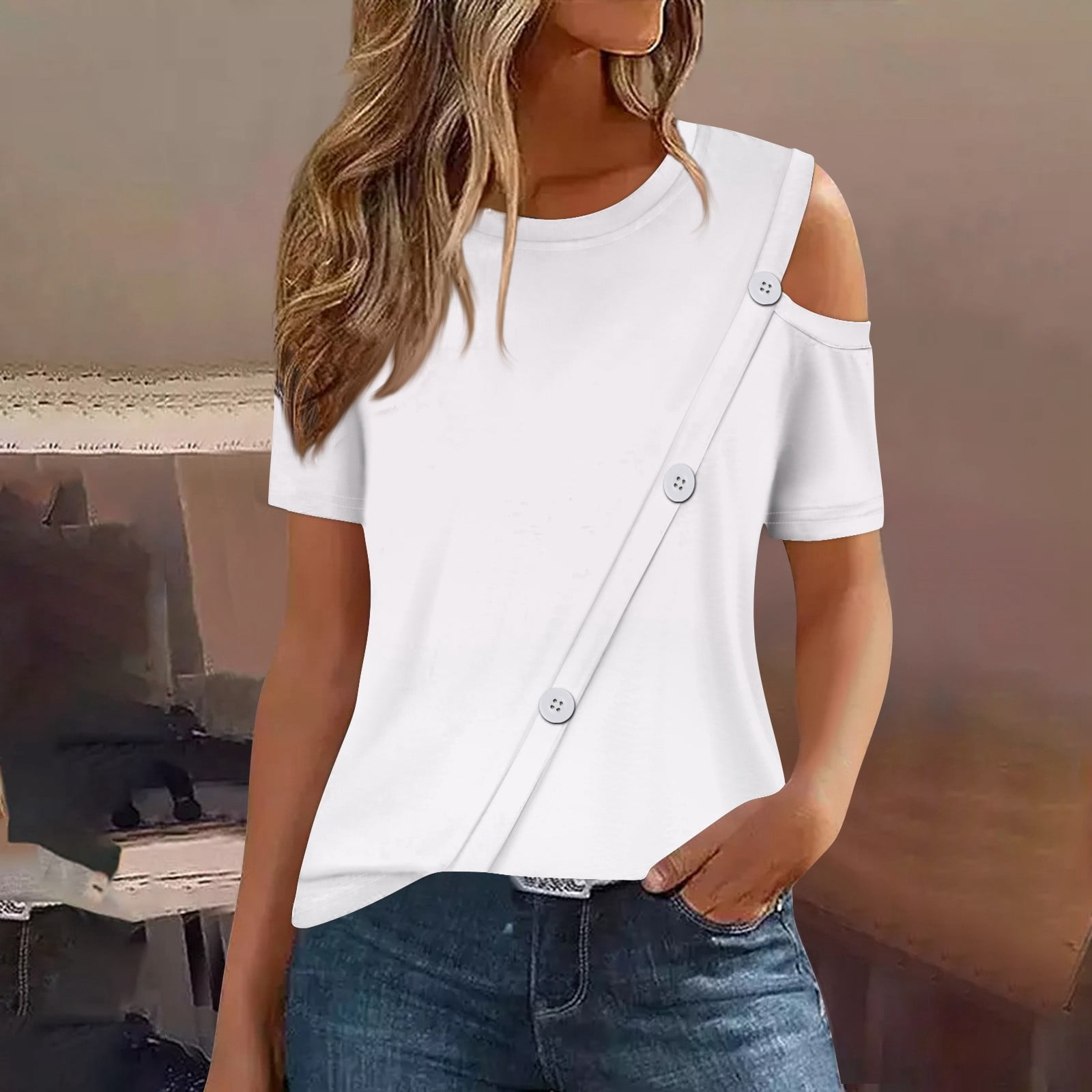 Basic T Shirts for Women Women's Print Button Cold Shoulder Short ...