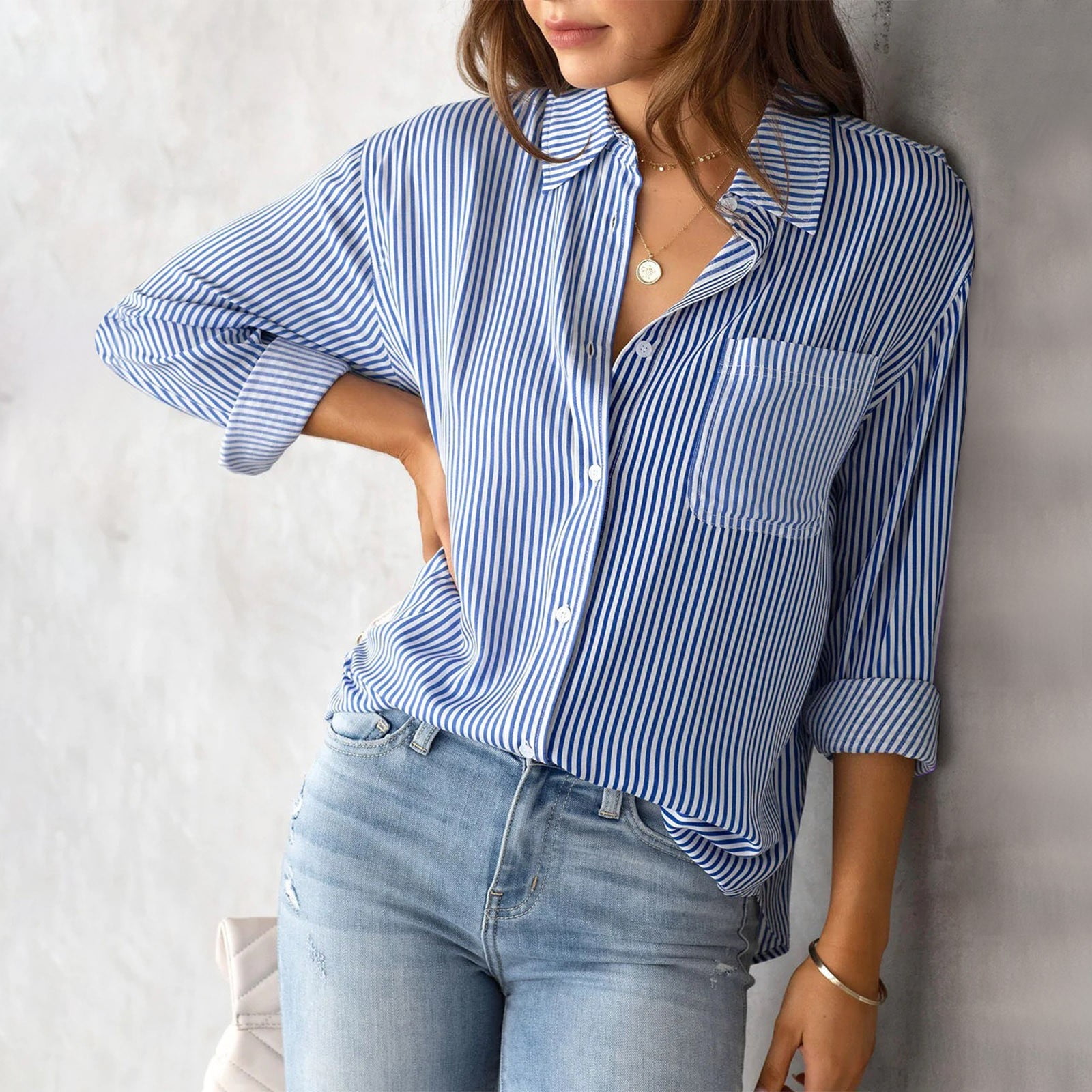 Basic T Shirts for Women Women's Striped Button Down With Pocket Long ...