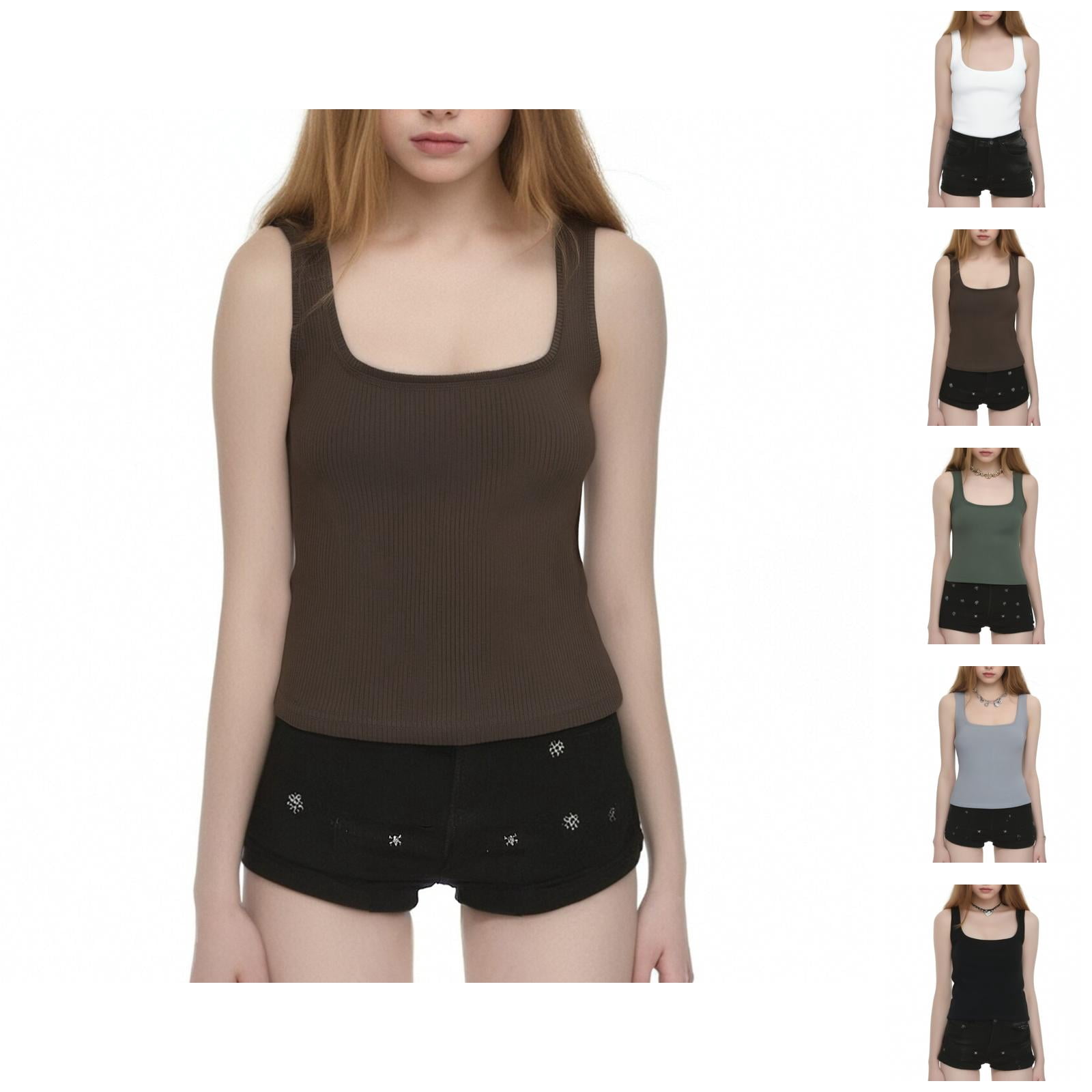 Basic Tank Tops for Women Square Neck Stretchy Ribbed Casual Plain ...