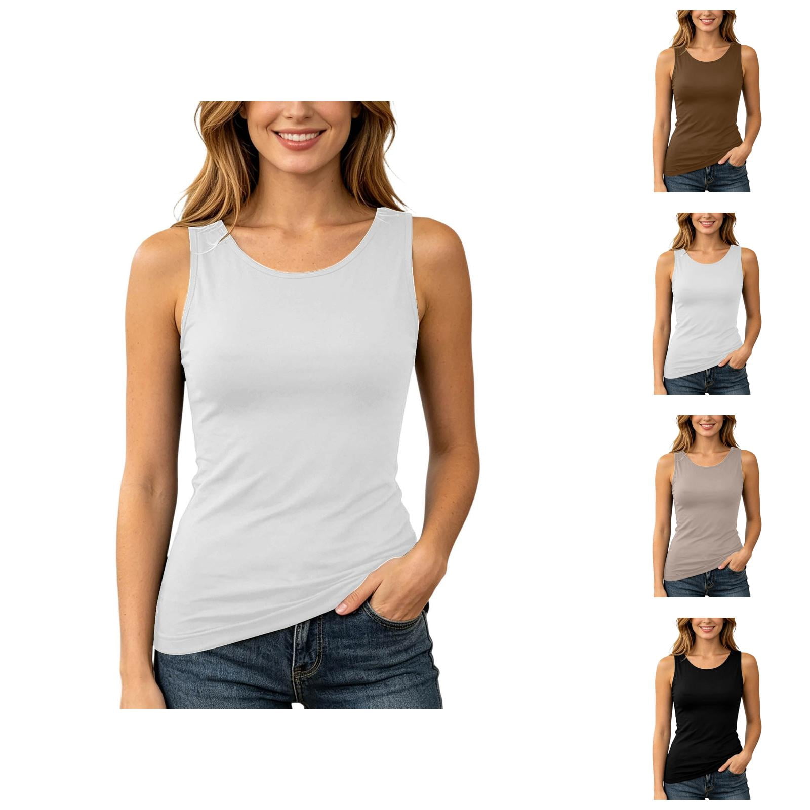 Basic Tank Tops for Women Summer Casual Round Neck Slim Fitted Plain ...
