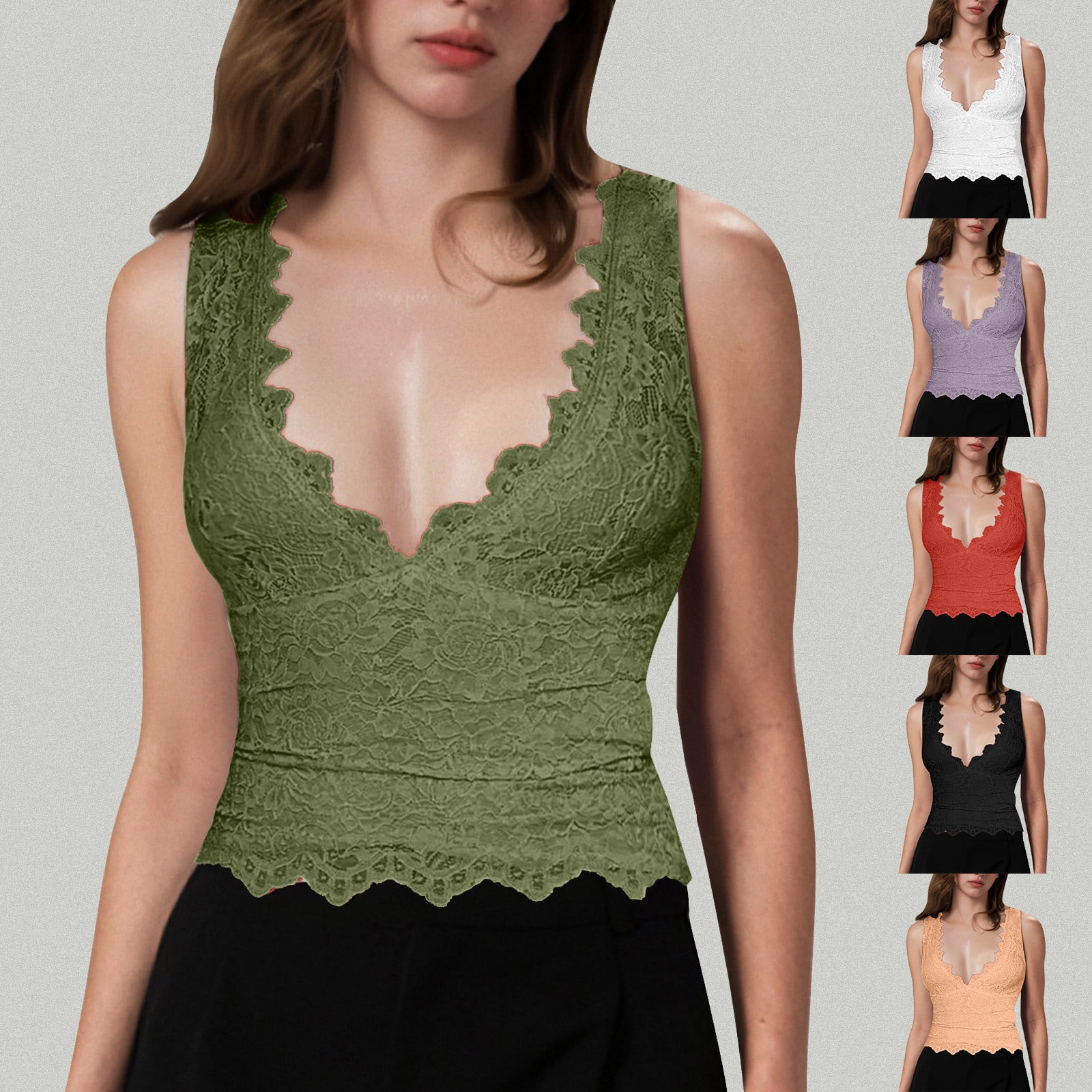 Basic Tank Tops for Women Summer Slim Tank with Lace Panel V Neck for ...