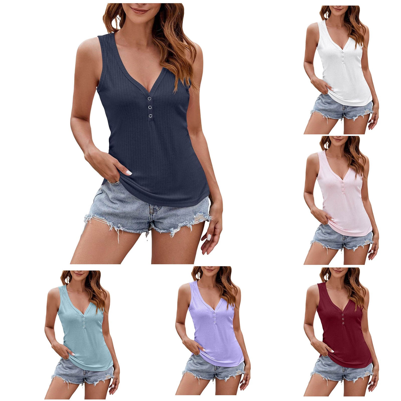 Basic Tank Tops for Women Summer V Neck Button Sleeveless Solid Small ...