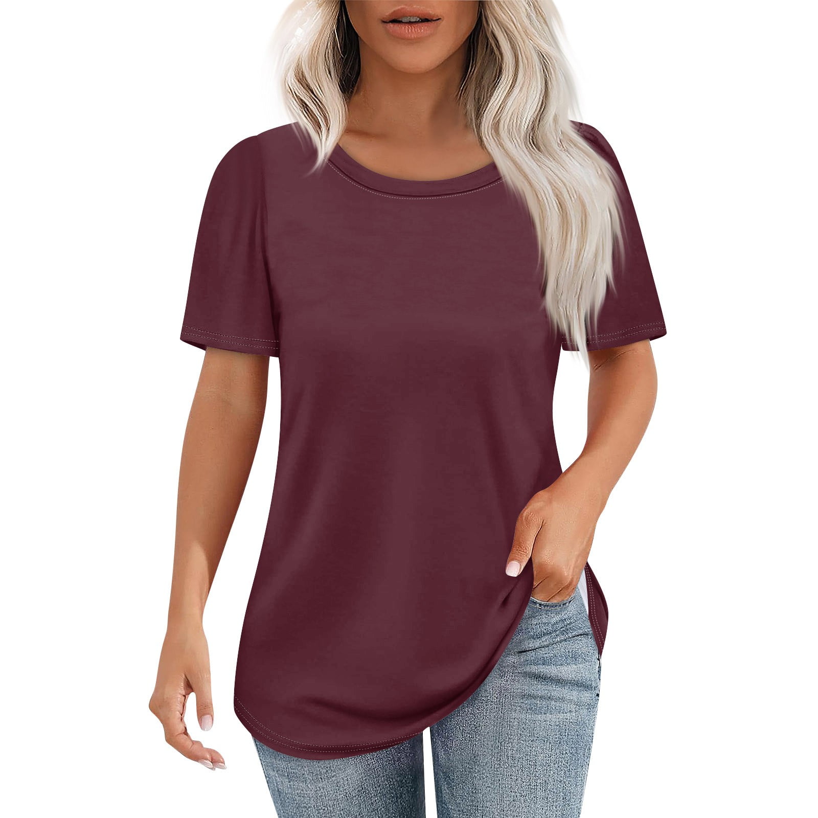Basic Tees For Women, Spring Casual Solid Color Round Neck Short Sleeve ...
