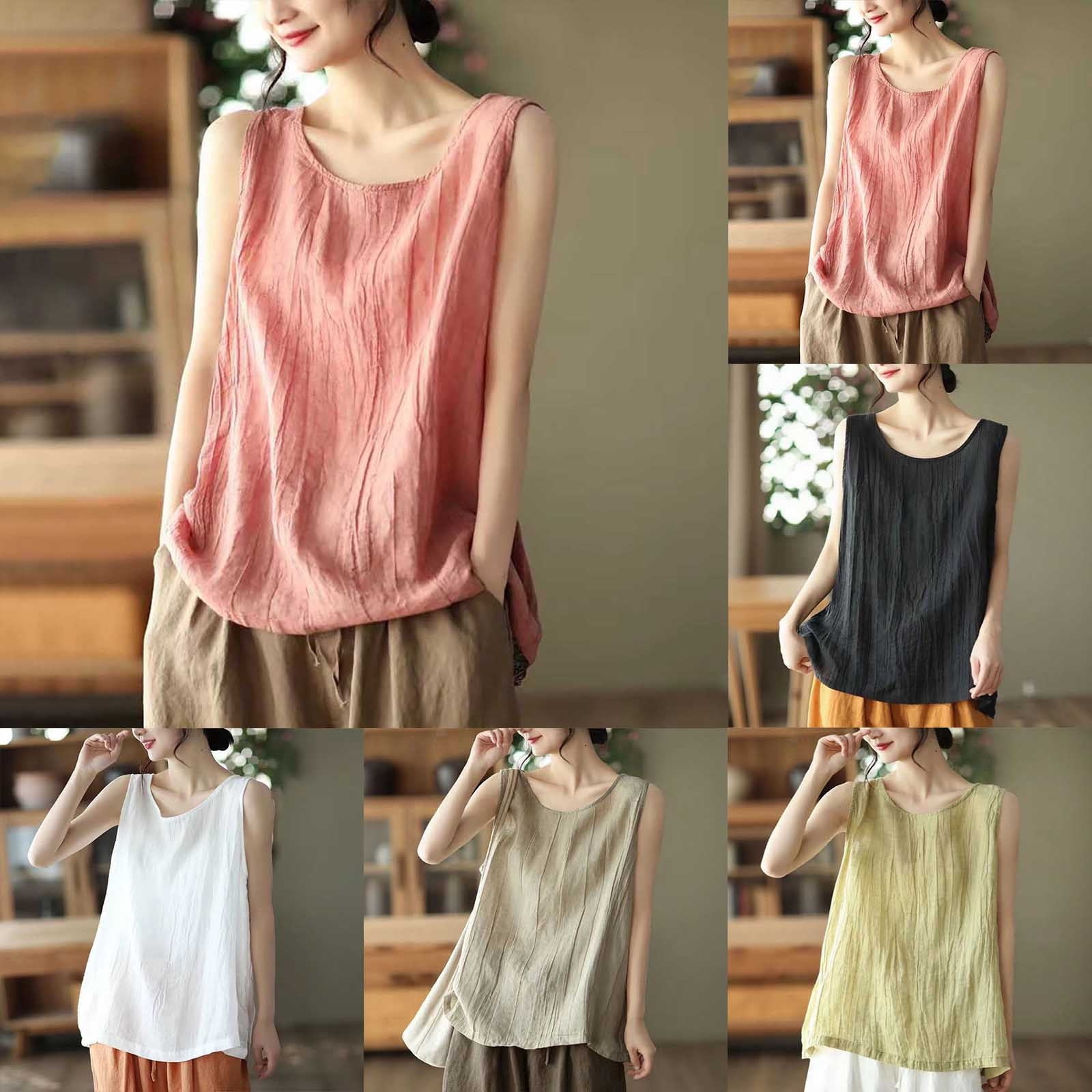Basic Tees for Women Ladies Linen Plus Size Sleeveless Tank Loose Fit ...
