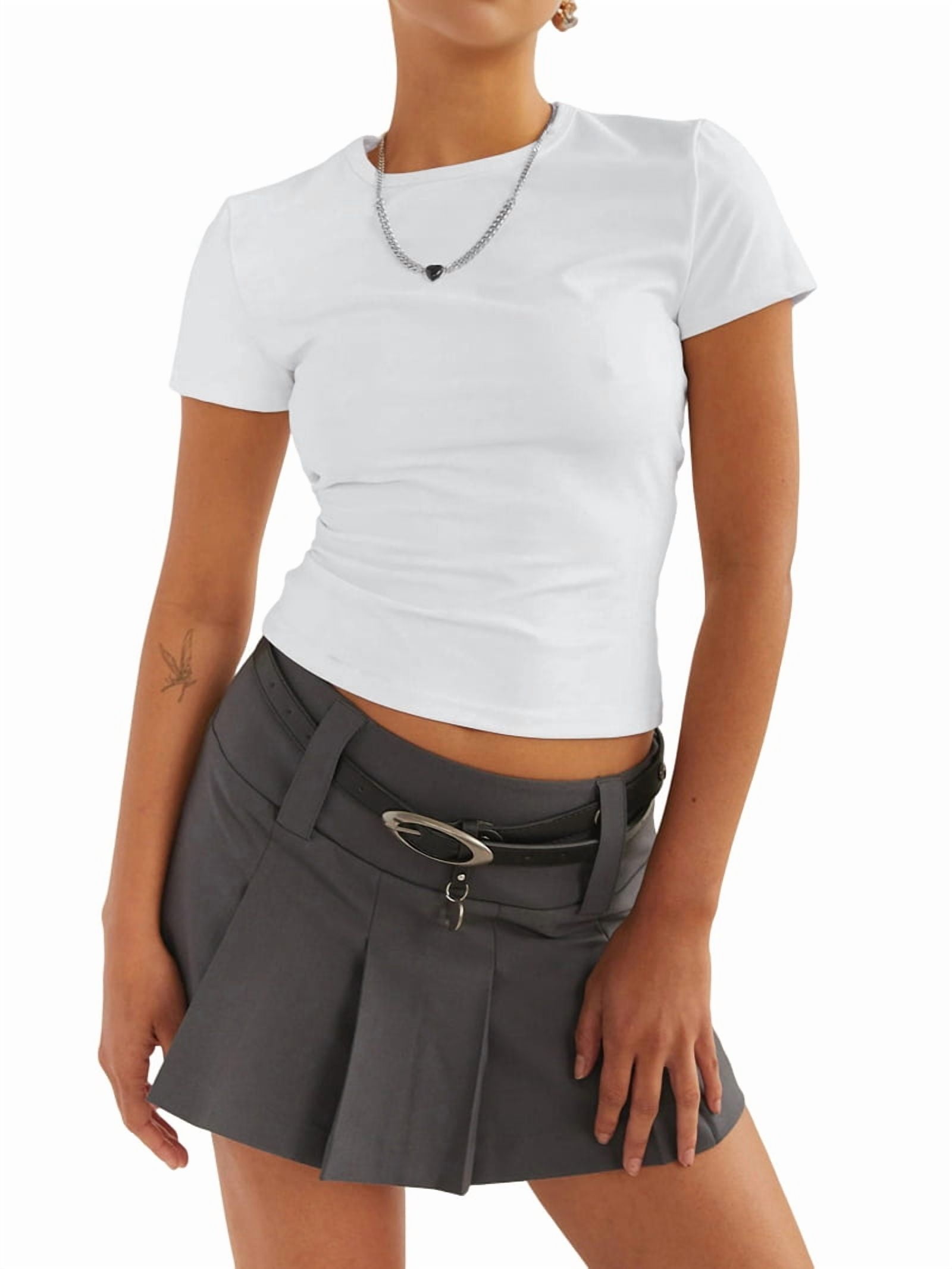 Basic Tees for Women Short Sleeve Slim Fit Crop Top Going Out Tight ...