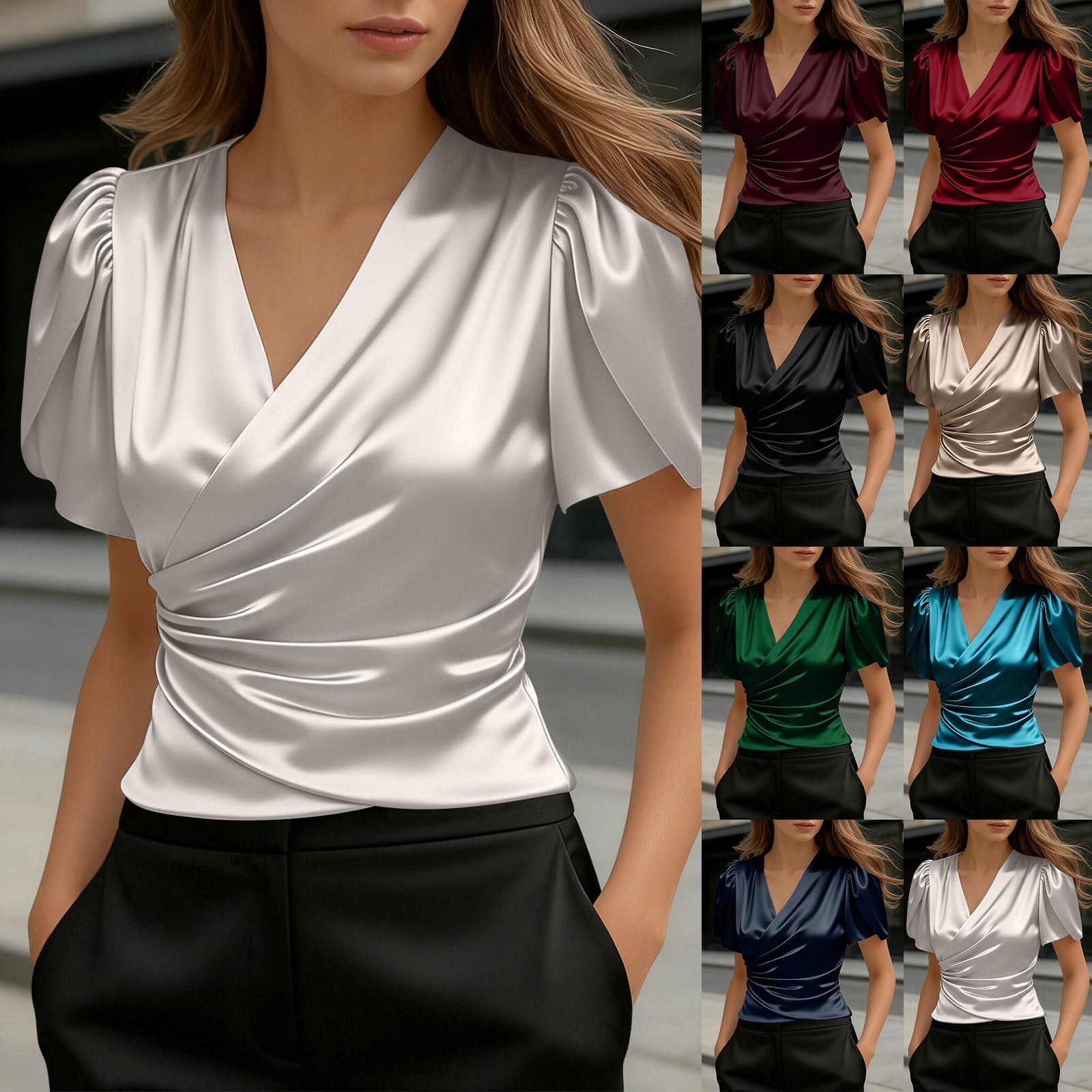Basic Tees for Women V Neck Irregular Pleated Short Sleeve Satin Blouse ...