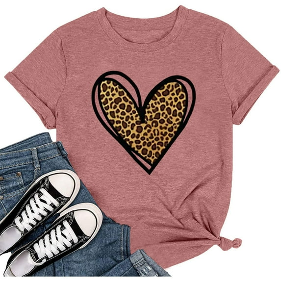 Basic Tees for Women Valentine Day Leopard Heart Print Short Sleeve T ...